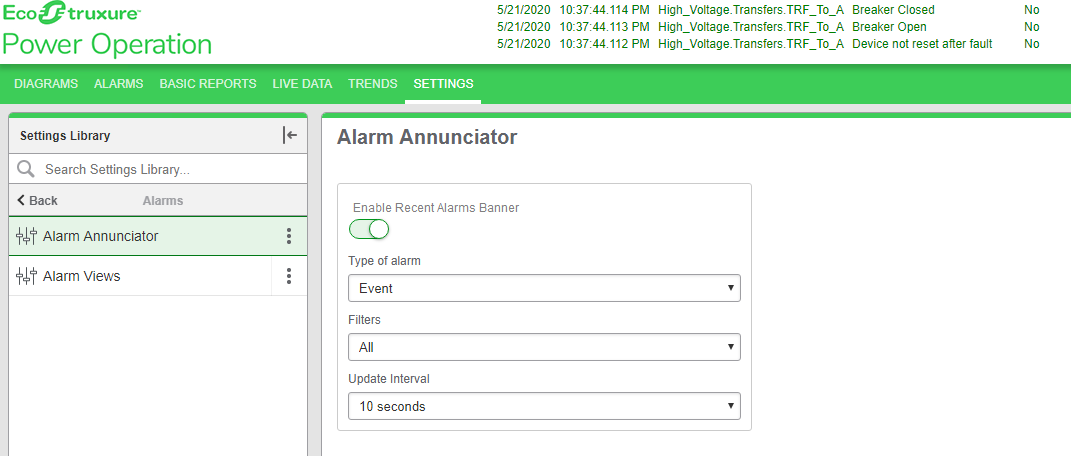Displaying alarms in the runtime banner area