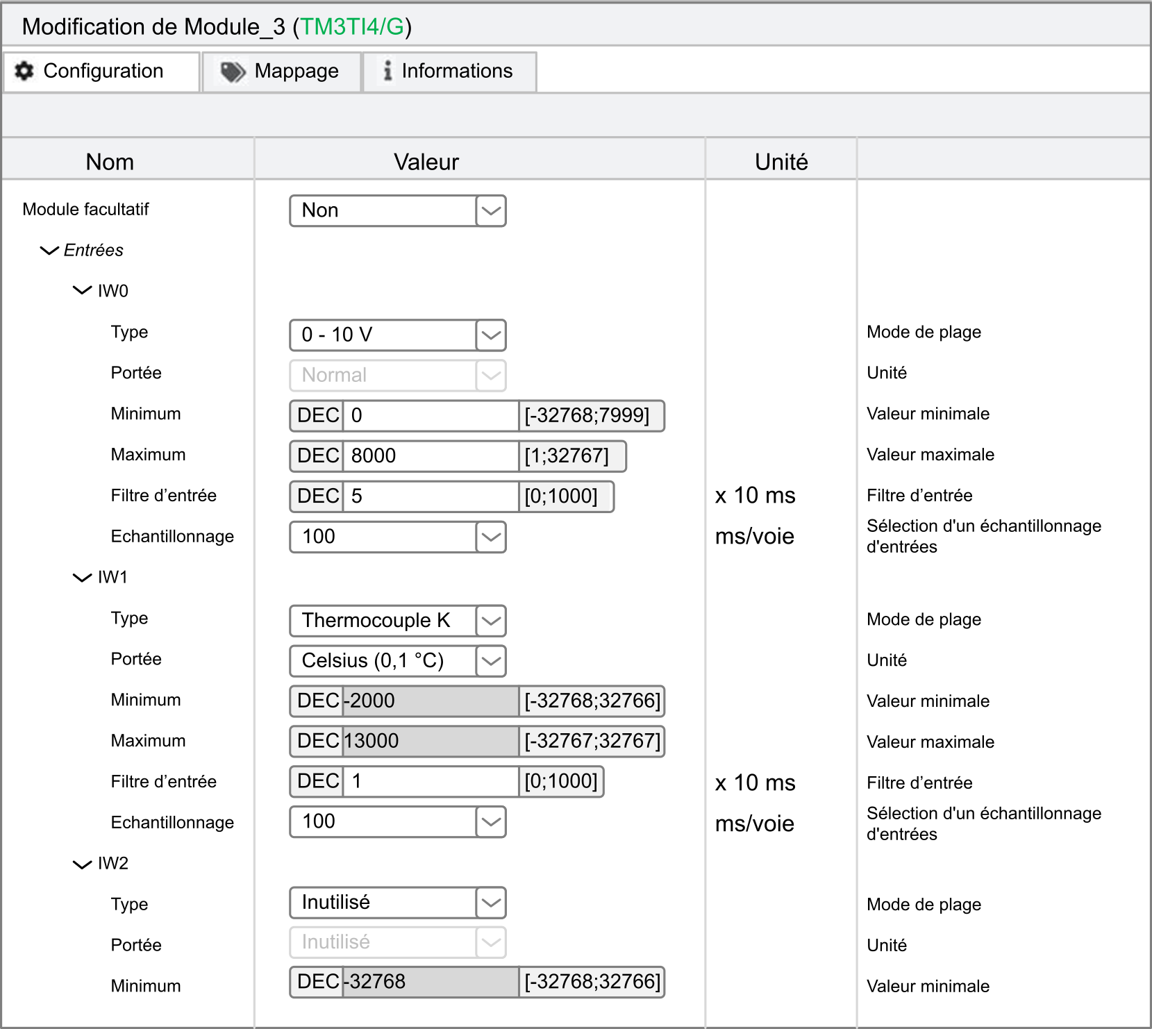 Configuration de TM3 par commande Modbus